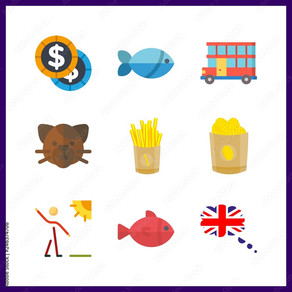 9 british icon. Vector illustration british set. chips and great ...
