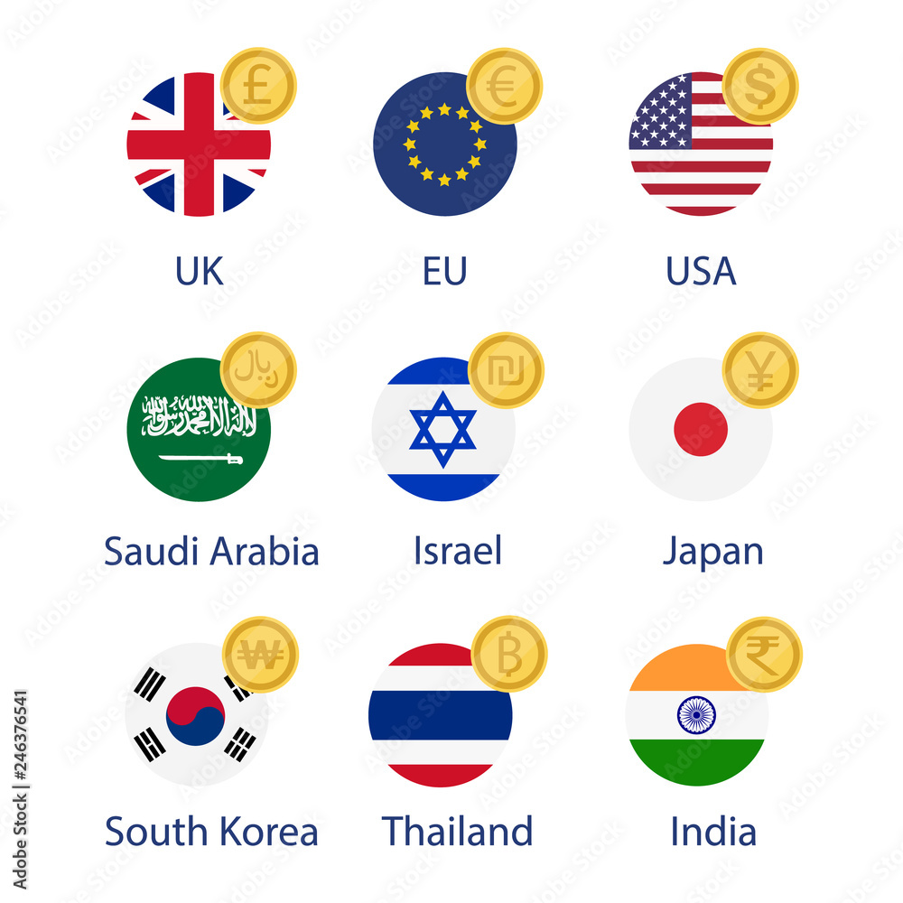World currency flags and symbol coins set, collection Stock Vector ...