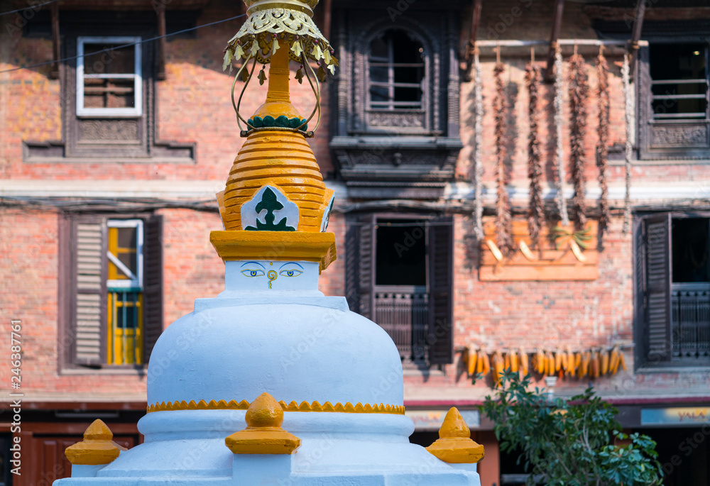 Stupa and Nepali traditional house, Patan, Lalitpur Metropolitan City ...