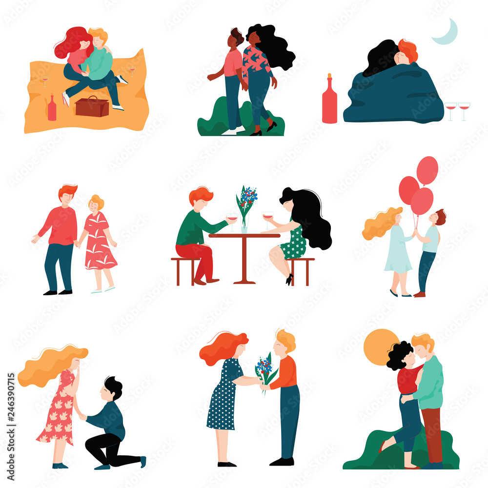 Happy Young Men and Women on Dates Set, Romantic Couples Embracing ...