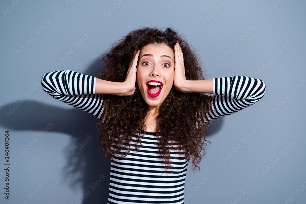 Closeup photo picture portrait of delightful wondered pretty cool with ...