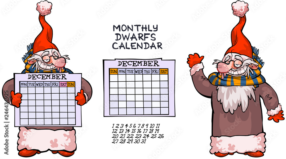 Cartoon dwarf character with monthly calendar panel- two options for ...