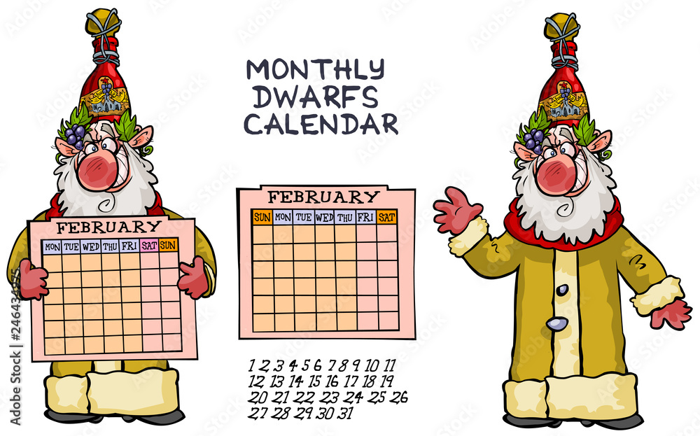 Cartoon dwarf character with monthly calendar panel- two options for ...
