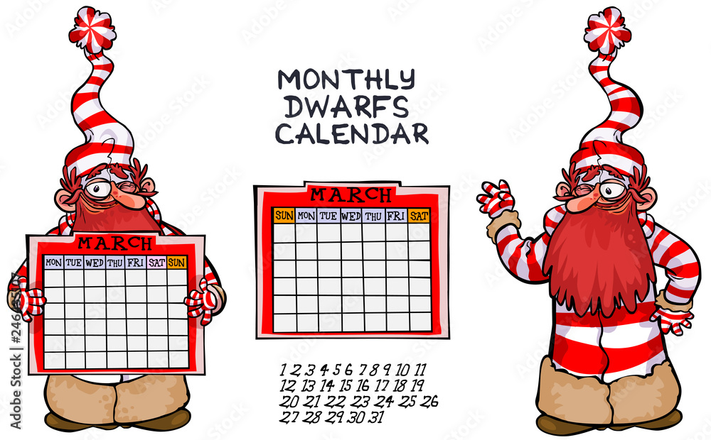 Cartoon dwarf character with monthly calendar panel- two options for ...
