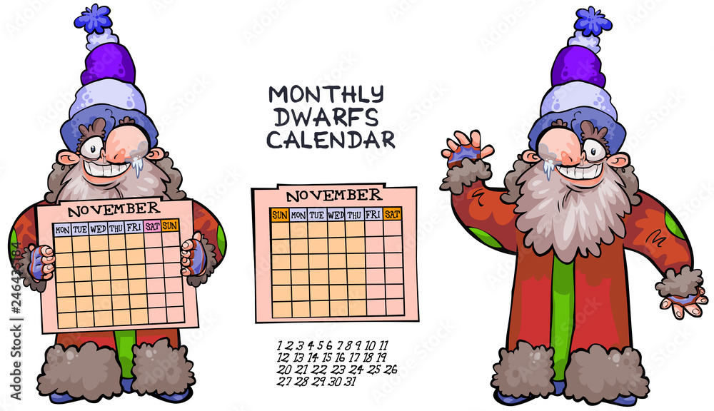 Cartoon dwarf character with monthly calendar panel- two options for ...