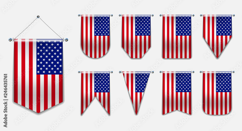 Set of hanging flags of the USA with textile texture. Diversity ...
