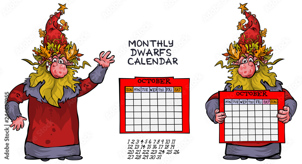 Cartoon dwarf character with monthly calendar panel- two options for ...