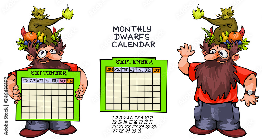 Cartoon dwarf character with monthly calendar panel- two options for ...