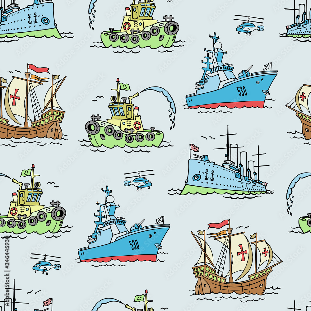 Vector seamless background with boats and ships. Carrack, tugboat ...