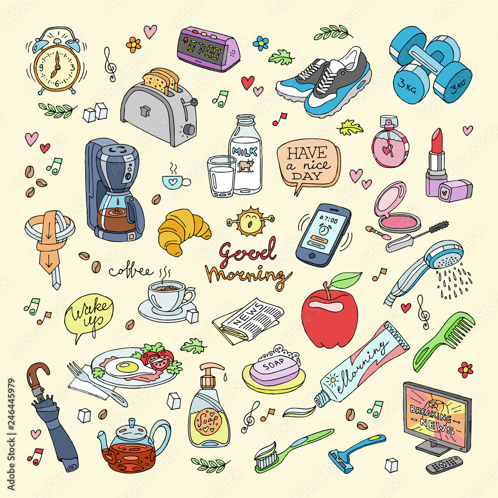 Vector line illustration of morning set. Handmade color sketch with ...