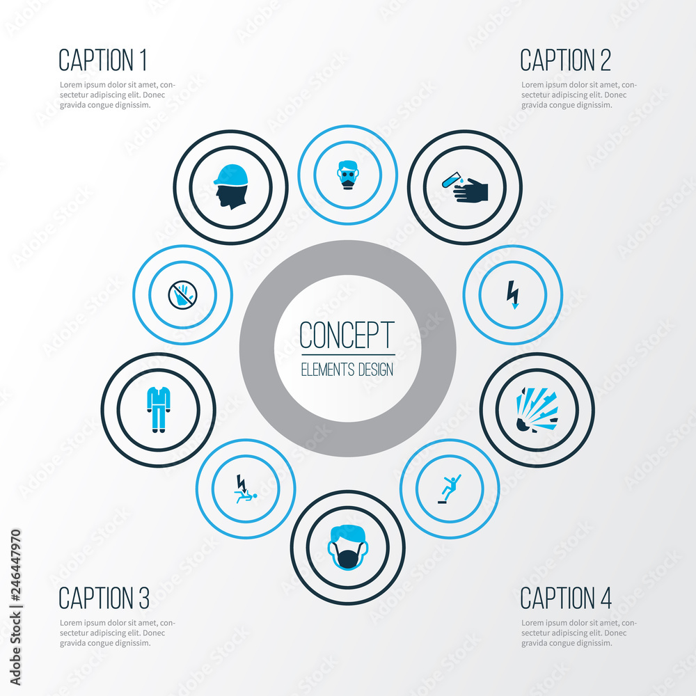 Safety icons colored set with electrical hazard, dust mask, stop and ...