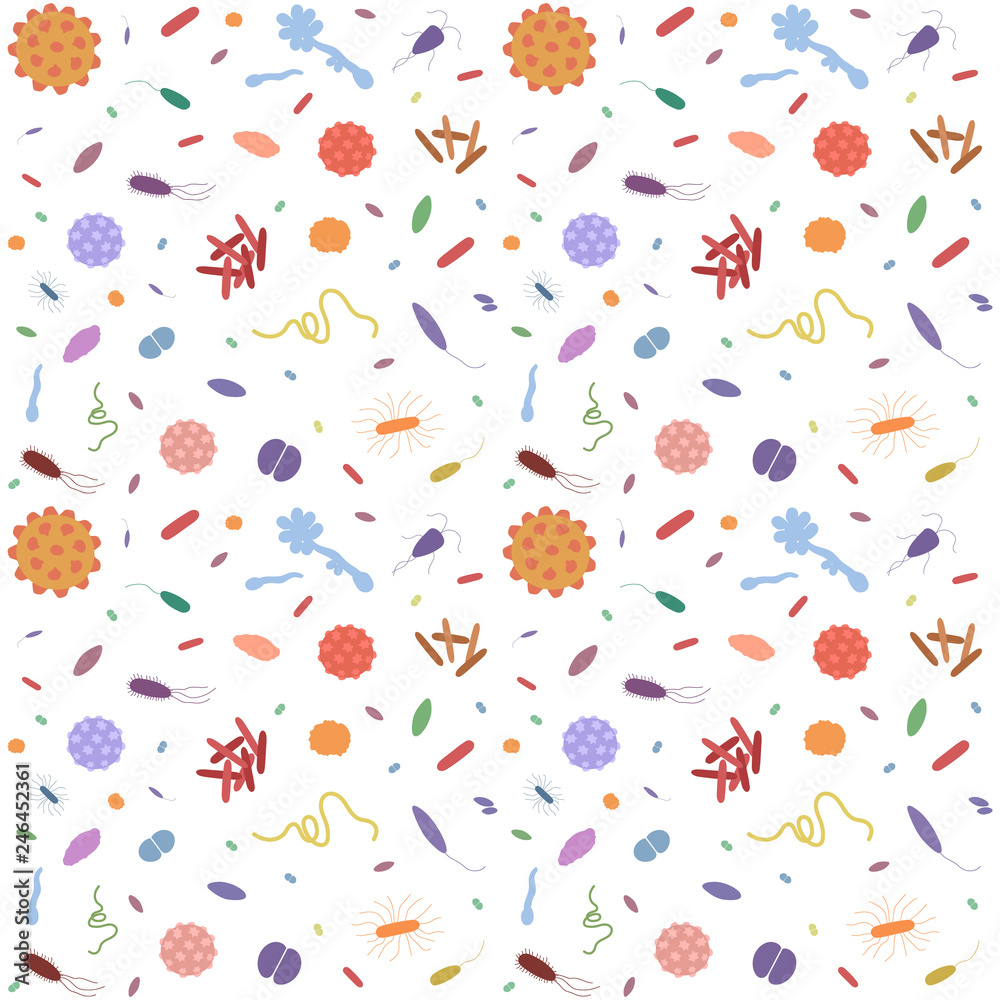 Seamless background with different types of bacteria and viruses on ...