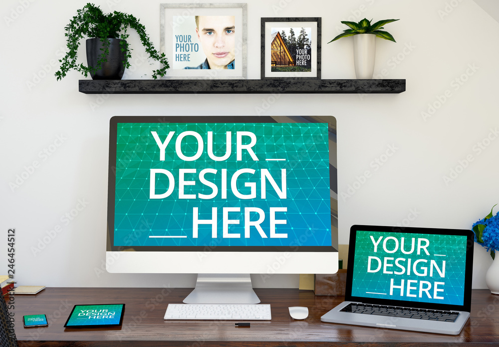 Multiple Devices and Photo Frames on a Desk Mockup Stock Template ...