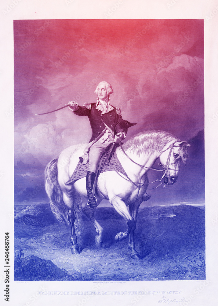 George Washington engraved illustration on horseback. He was the ...