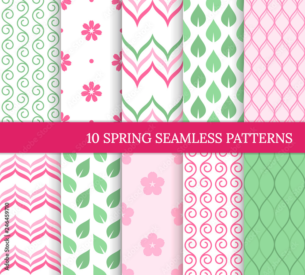 Ten spring seamless patterns. Romantic pink and green backgrounds for ...