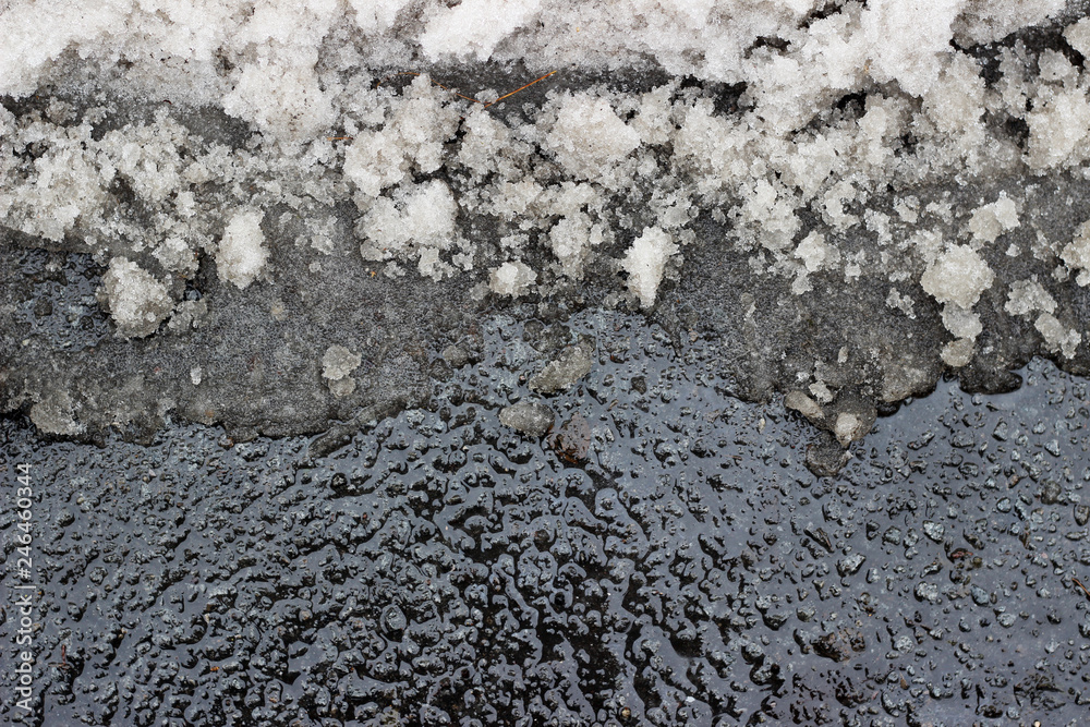 Melting snow asphalt slush water puddle flow dirty street sidewalk ...