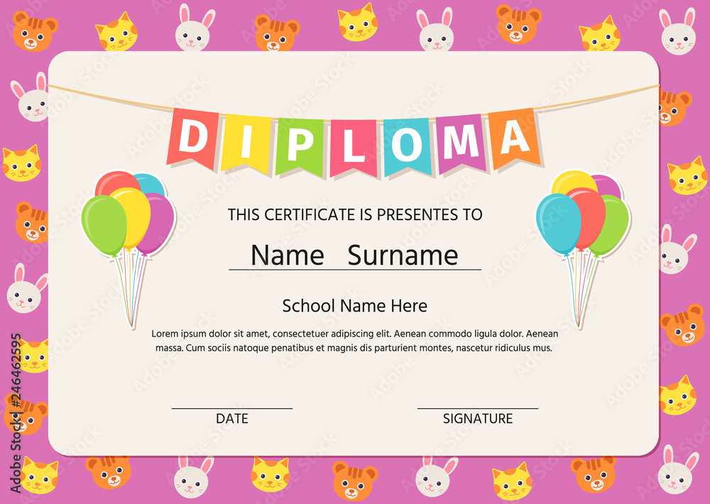 Kid diploma, certificate. Vector. Graduation background. Cute preschool ...