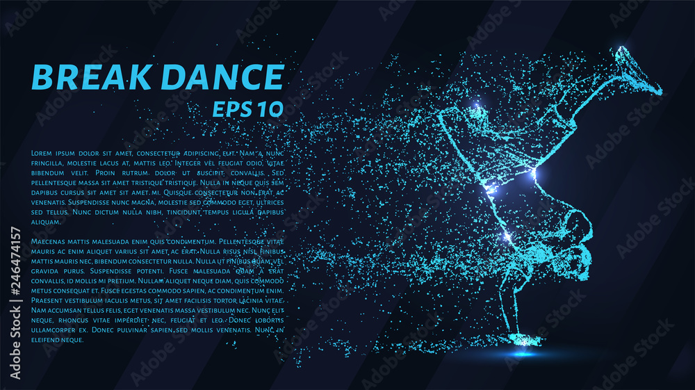Break dance. Glowing dots to create the shape of the dancer. Dance ...
