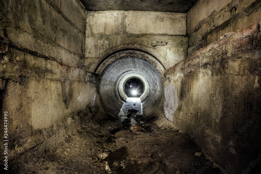 Underground urban sewage collector connected by round drainage sewer ...