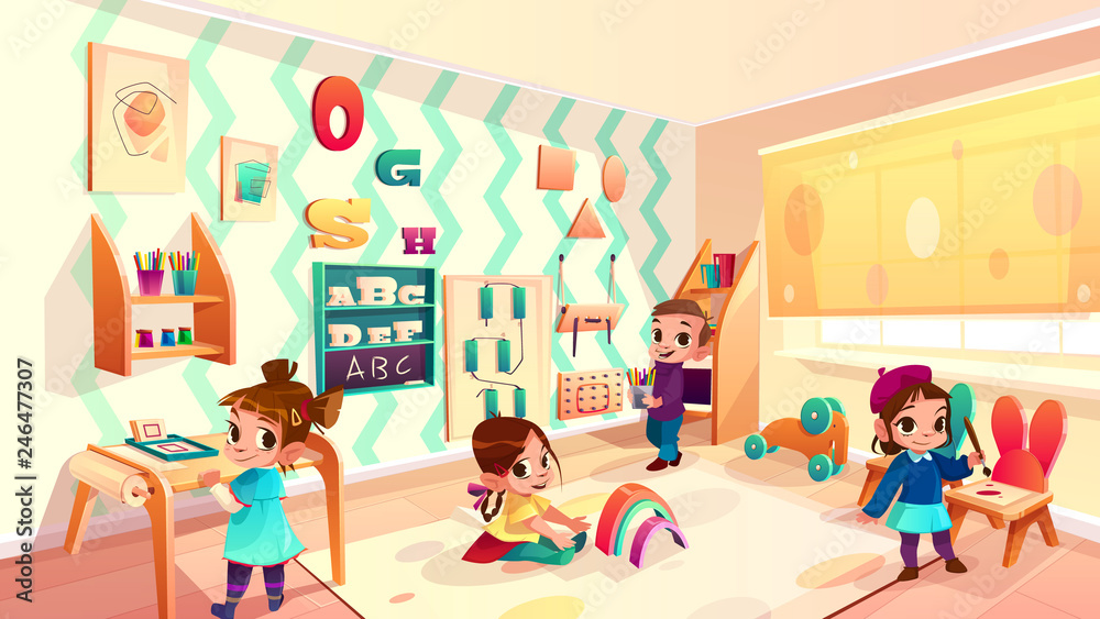 Vettoriale Stock Vector montessori room with children, elementary ...