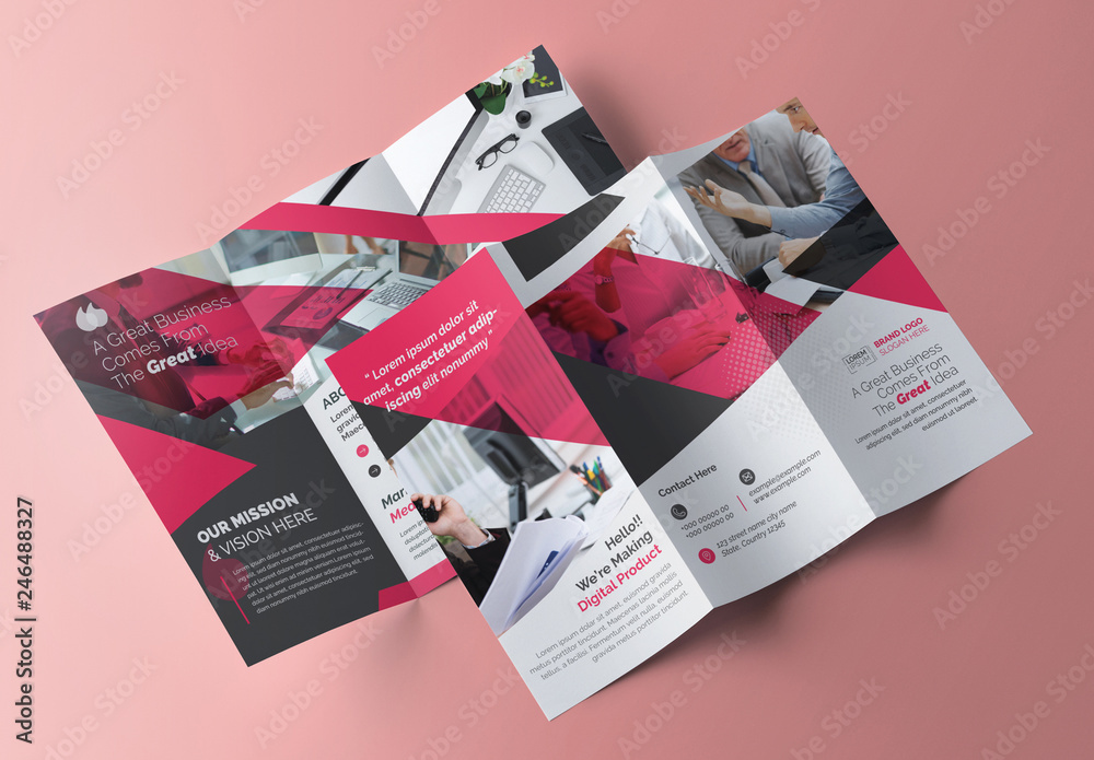 Trifold Brochure Layout with Pink Accents Stock Template | Adobe Stock
