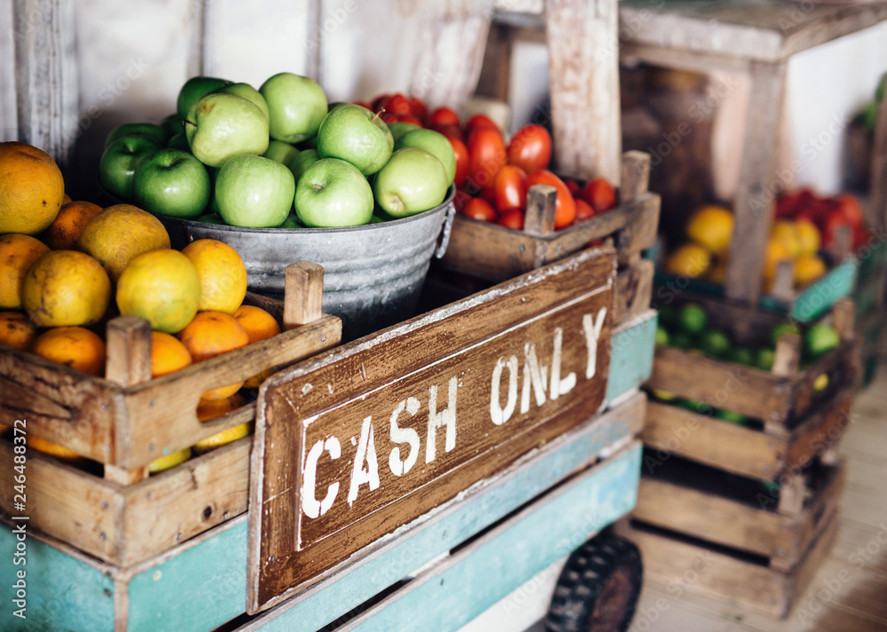 Outdoor fruit and vegetables stand in the summer season. Stock Photo ...