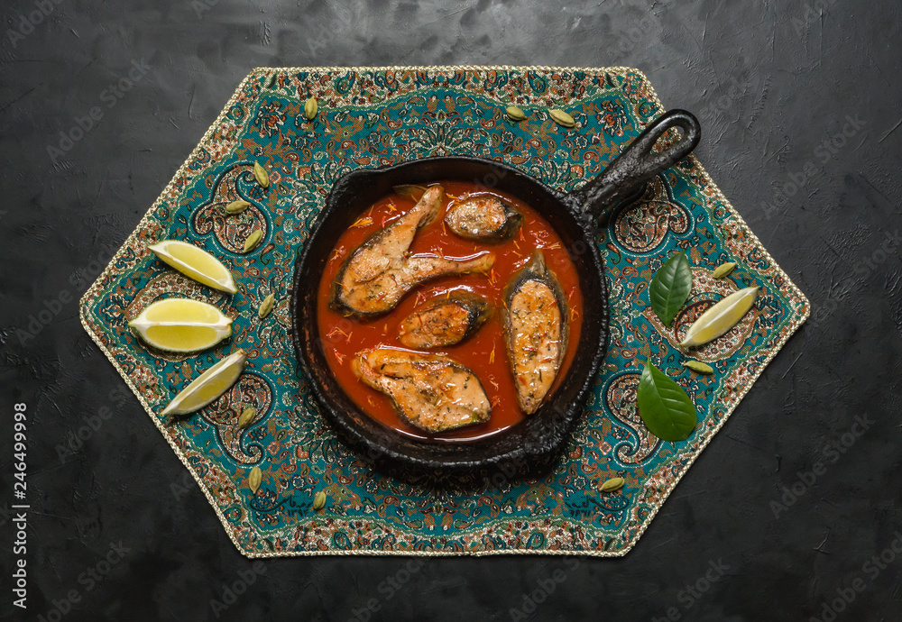 Top view of spicy and hot Bengali fish curry. Indian food. Fish curry ...