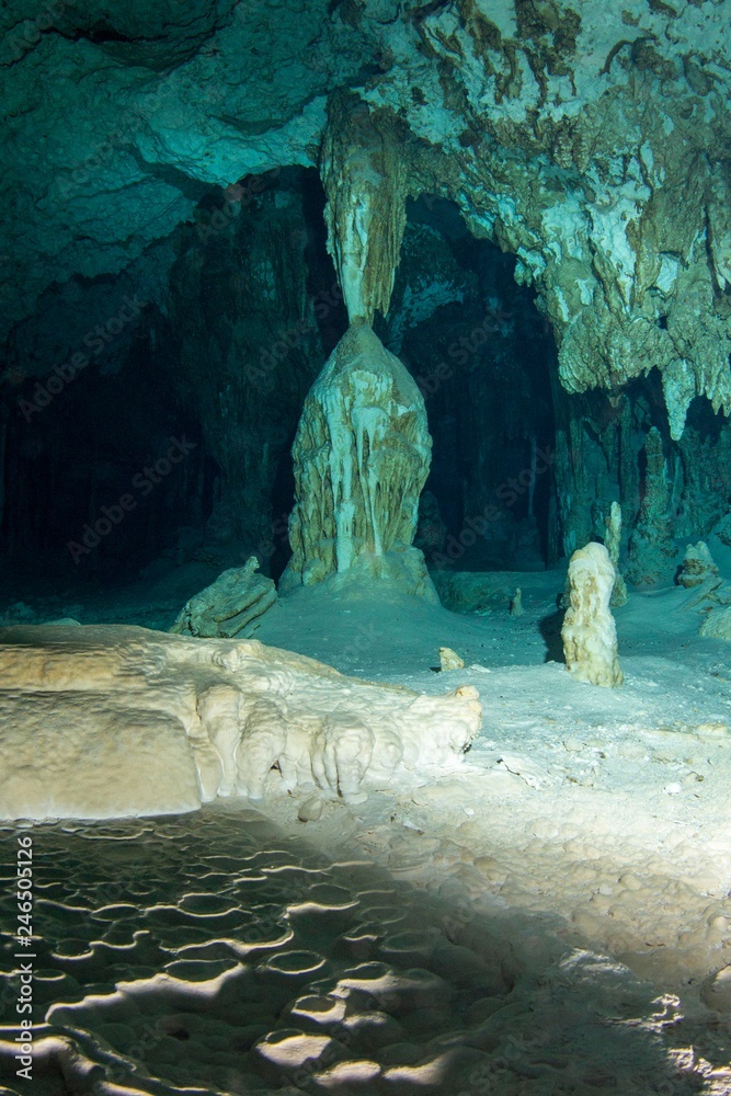 Stalagnat stalagmite column, limestone cave under water, limestone ...