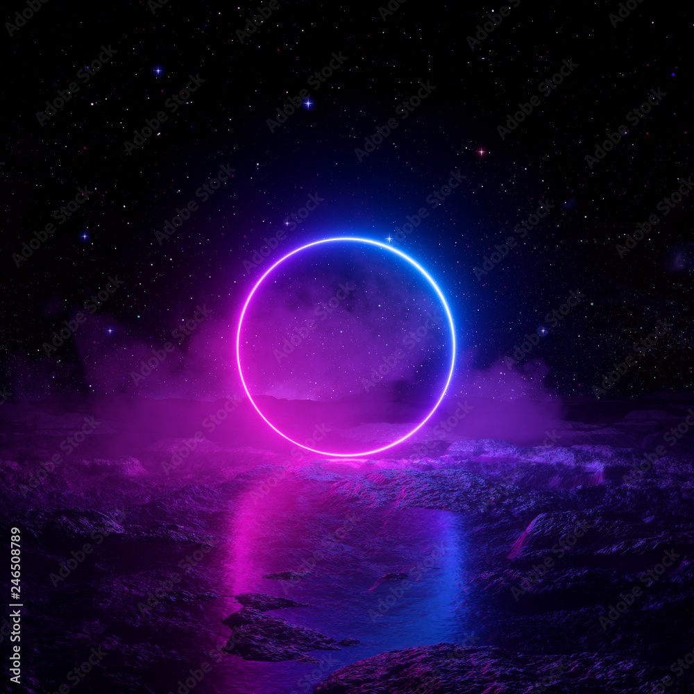 3d render, abstract background, cosmic landscape, round portal, pink ...