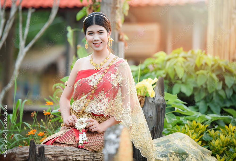 Asia woman thai style dress / Portrait of beautiful young girl smiling ...