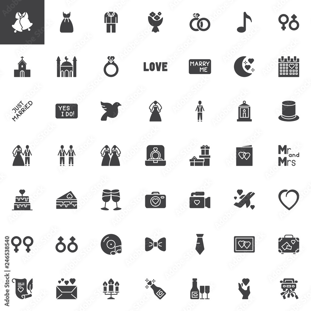 Wedding and marriage vector icons set, modern solid symbol collection ...
