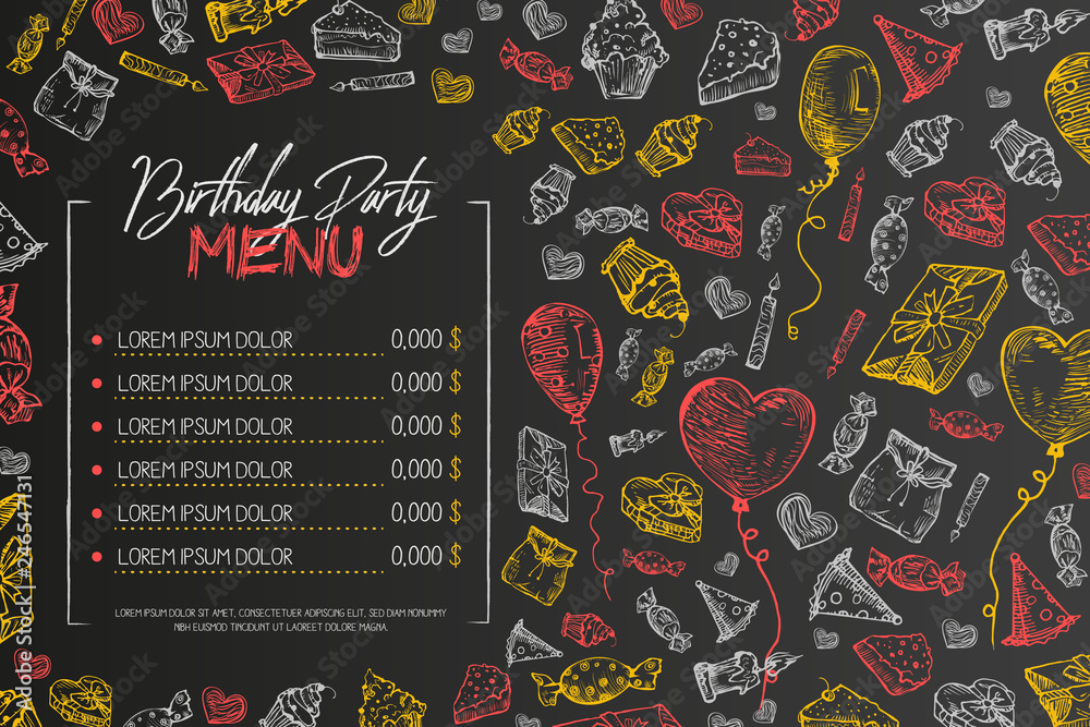 Kids birthday menu vector template, cute children birthday restaurant ...