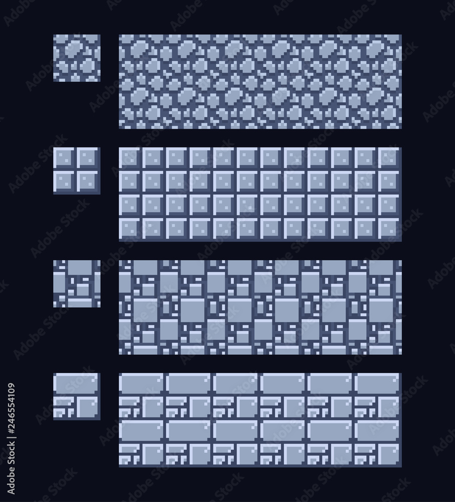 Vector illustration - set of 8 bit 16x16 stone and metal texture. Pixel ...