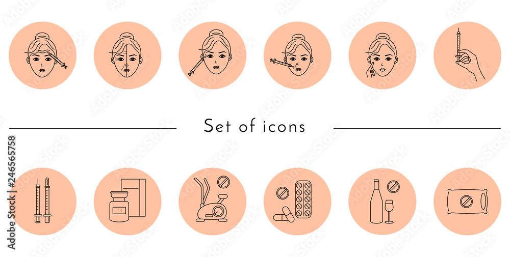 Beauty injection line icon. Woman, face, medical syringe, botox. Beauty ...