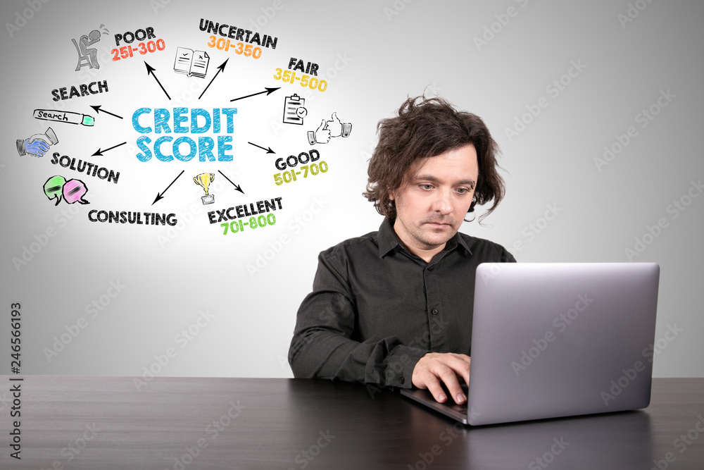 Credit Score concept. Chart with keywords and icons. Businessman ...
