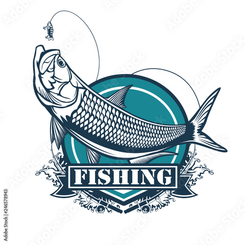 Tarpon fishing emblem. Black and white illustration of tarpon. Vector ...