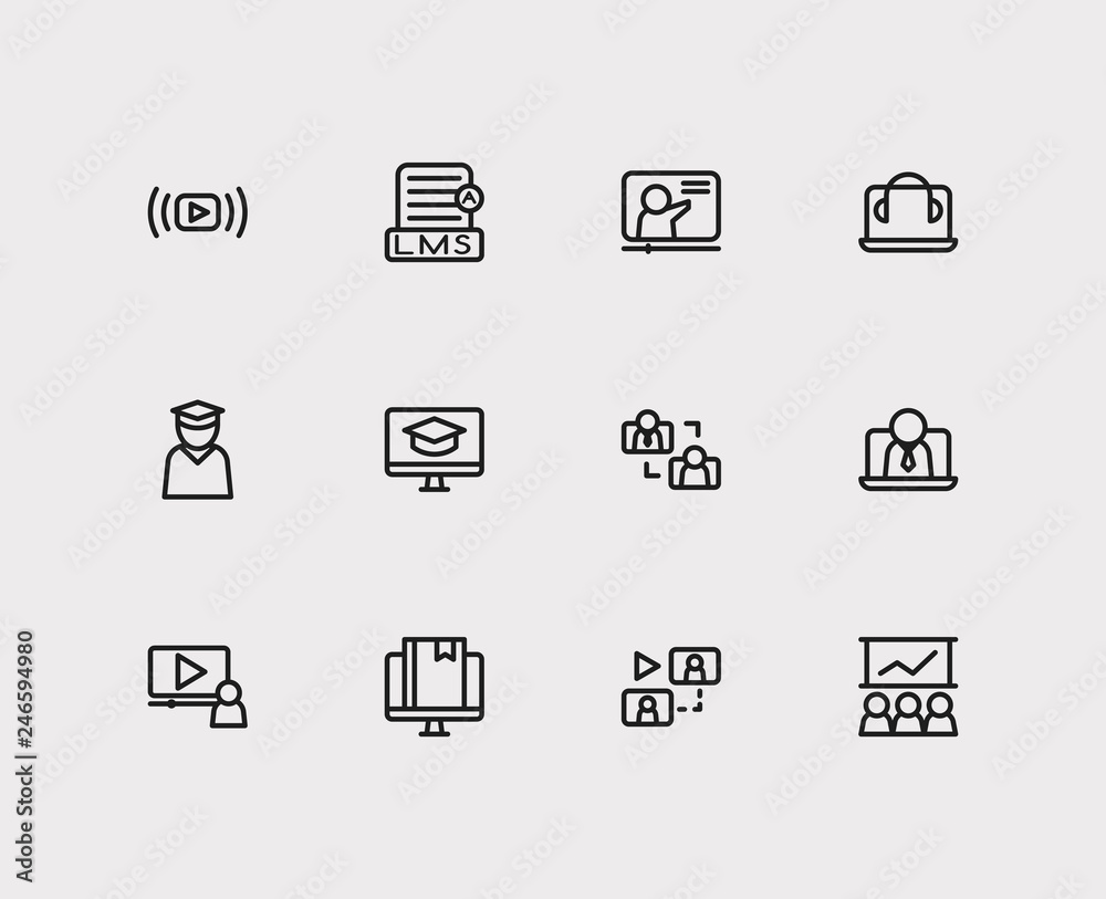 Webinar icons set. Development training and webinar icons with video ...