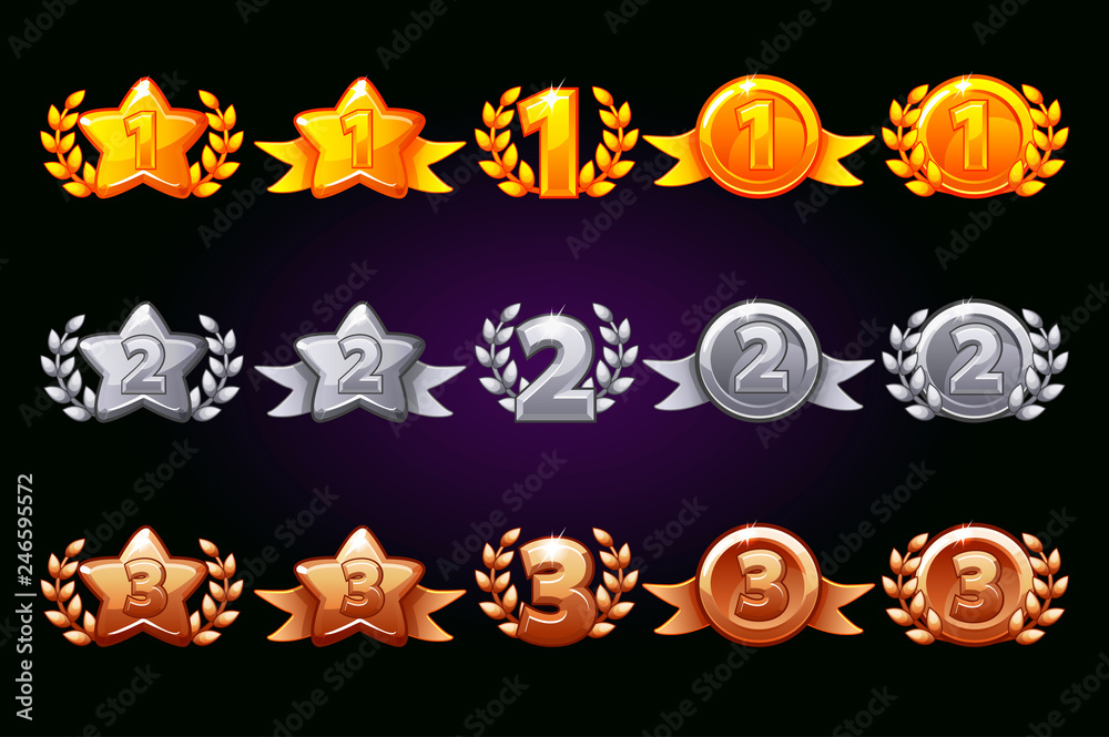 Golden, silver and bronze rewards icons set. 1st, 2nd, 3rd place ...