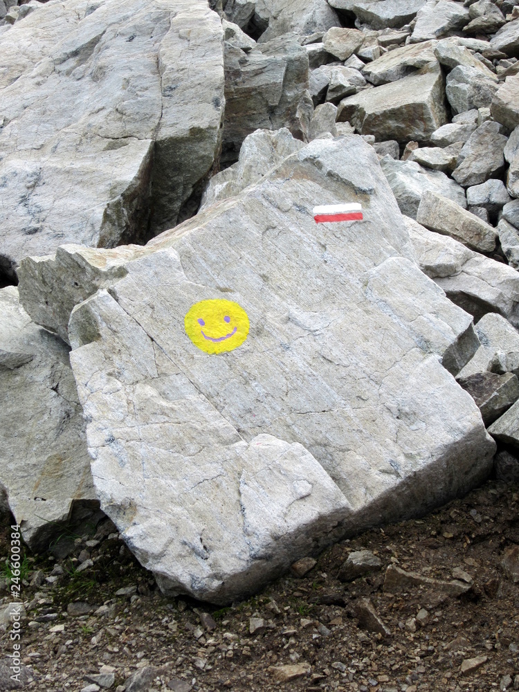 Happy smiley on a rock in the mountain / heureux smiley jaune sur un ...