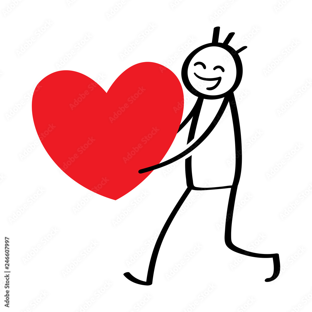 Valentinstag, Strichmännchen hält großes Herz Stock Vector | Adobe Stock
