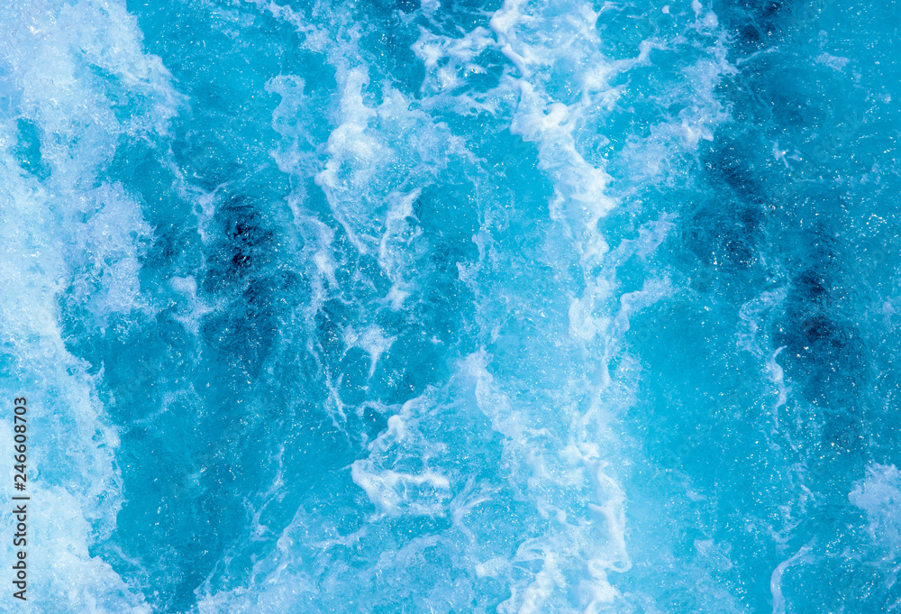 White foamy wave of ship trail. Marine travel concept. Sea water ...