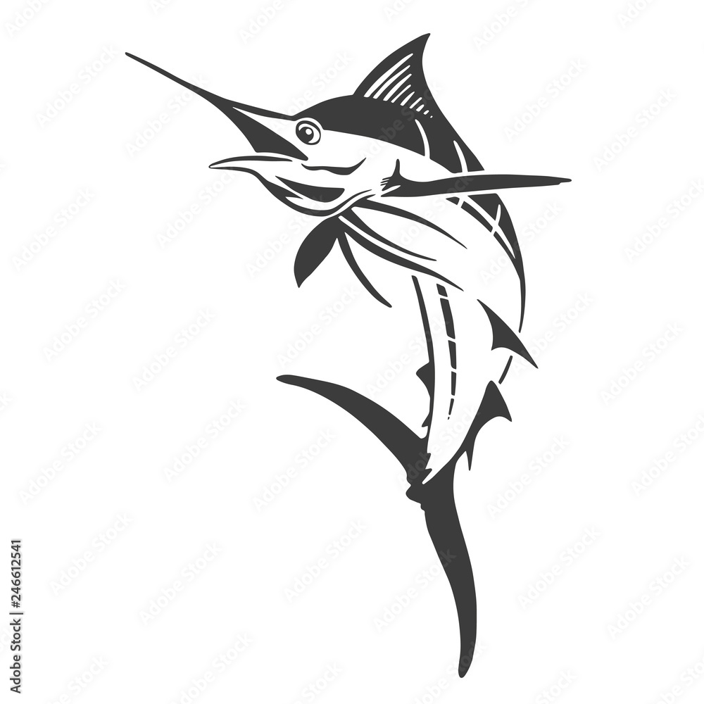 Hand Drawn Marlin fish jump. Design elements for logo, label, emblem ...