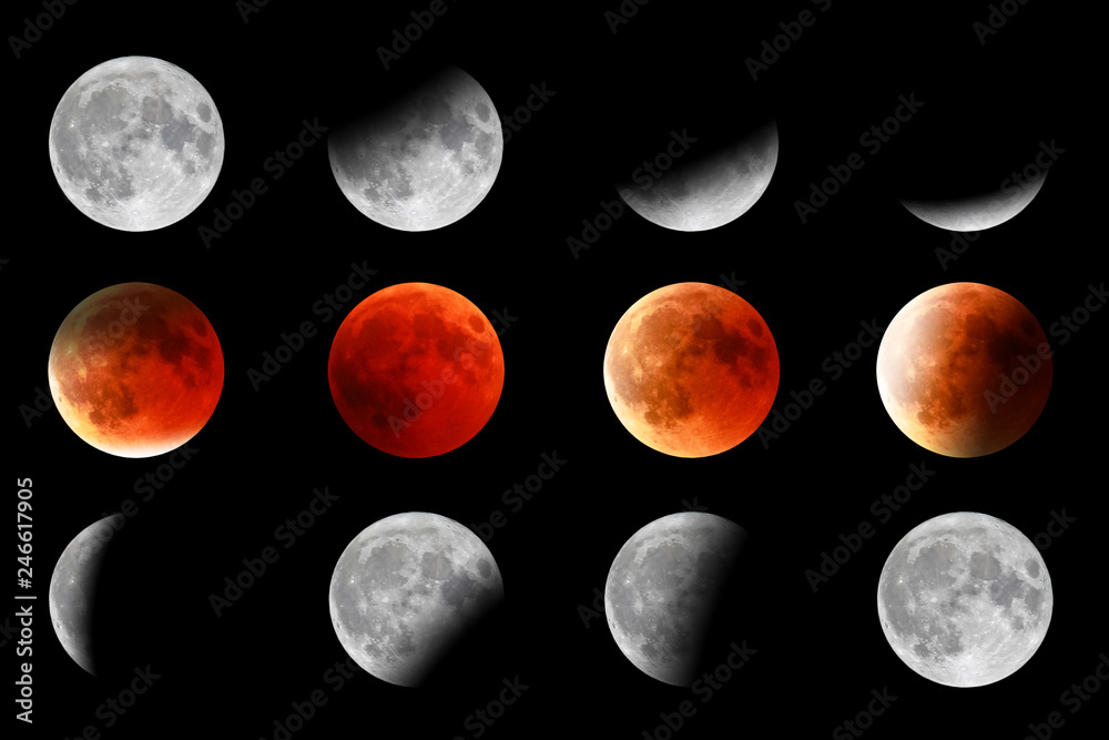 Full red moon phases on black background. The total phases of the lunar ...