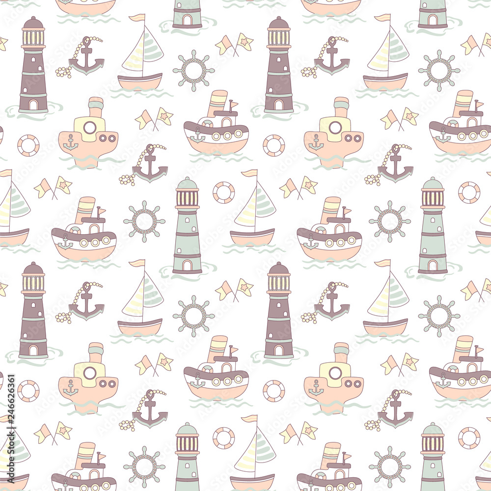 Seamless baby pattern with cute shps in ocean. Vector bright ...