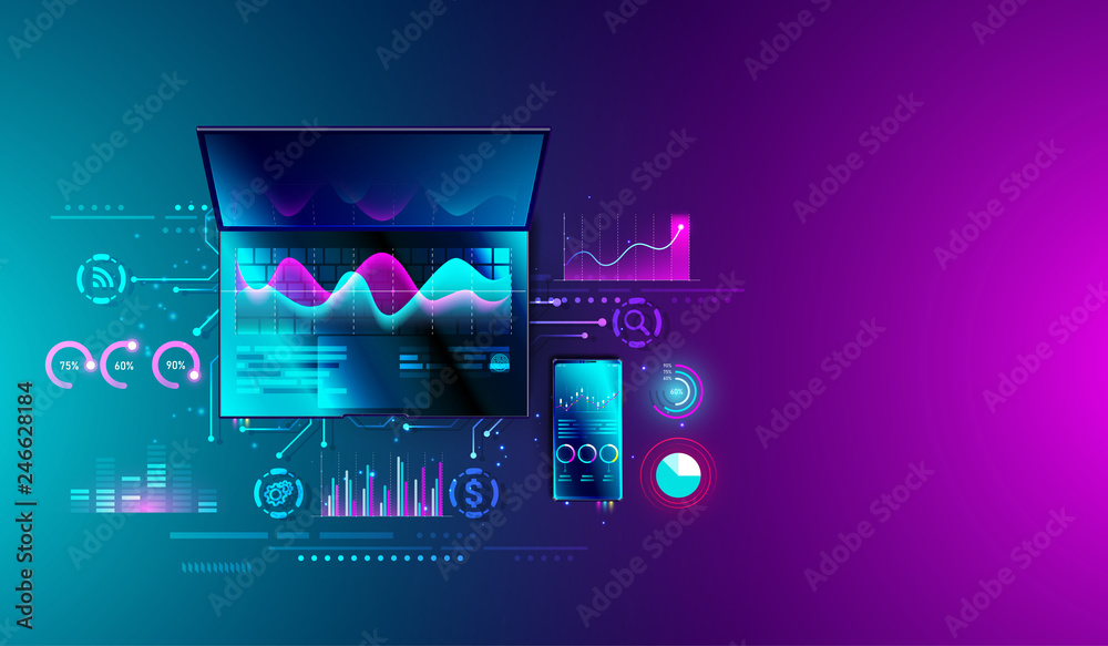 Financial statistics analysis on laptop and smartphone with graphs ...