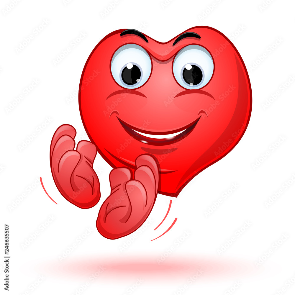 Smiling heart claps his hands with joy. Joyful anthropomorphic cartoon ...
