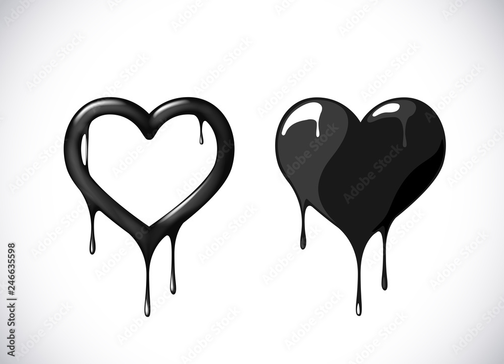 Black heart shape set melting with drops. Black blood poison heart ...