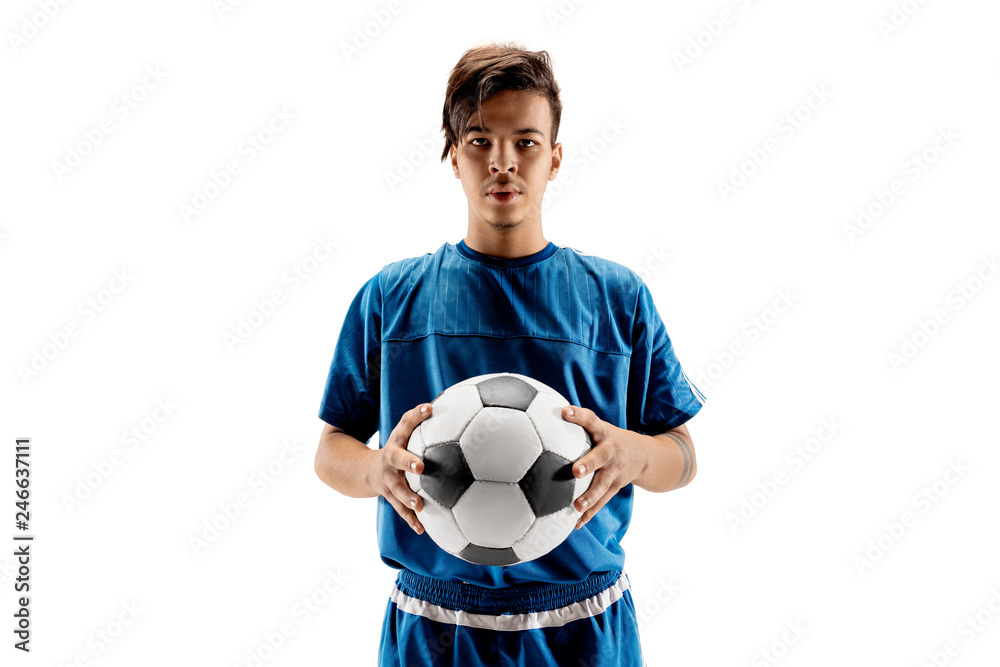 Young fit boy with soccer ball standing isolated on white. The football ...