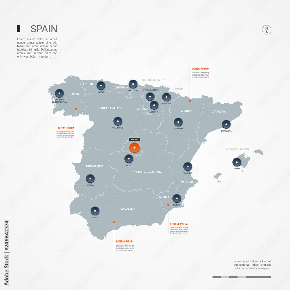 Vetor do Stock: Spain map with borders, cities, capital and ...