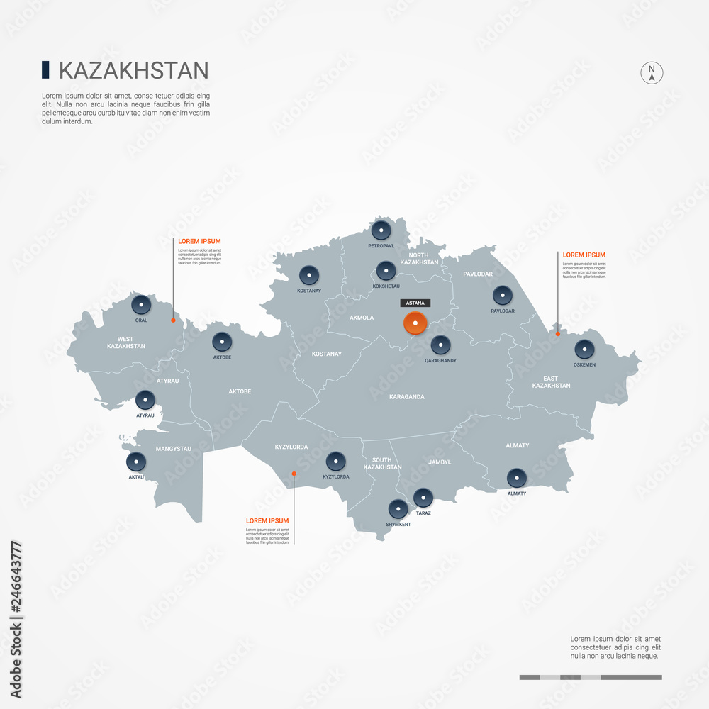 Kazakhstan map with borders, cities, capital and administrative ...